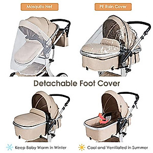 HONEY JOY Baby Stroller, High Landscape Convertible Infant Bassinet Stroller, Adjustable Canopy & Backrest, Storage Basket, Foot Cover, Foldable Newborn Carriage Pram Stroller (Beige)
