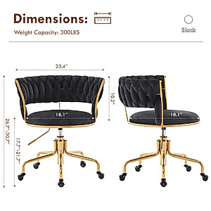 HOOLETE Velvet Desk Chair with Wheels, Modern Swivel Office Chair with Gold Base, Woven Accent Chair for Girls and Women, Vanity Chair with Back for Makeup, Black