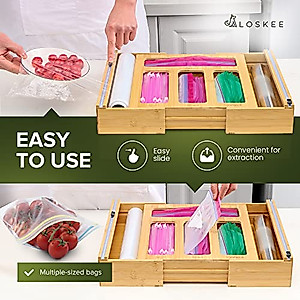 LOSKEE Ziplock Bag Organizer and Plastic Wrap Dispenser with Cutter, 6 IN 1 Expandable Bamboo Foil and Plastic Wrap Organizer for Kitchen Drawer, Ziplock Bag Storage Organizer for Gallon, Quart, Sandwich, and Snack Bags