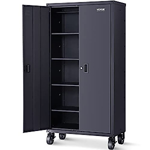 VEVOR Metal Storage Wheels, 200 lbs Load Capacity per Shelf 72'' Tall Powder-Coating Steel Cabinet with 4 Adjustable Shelves, Magnet Doors & Lock, Perfect for Office Home Garage, Black