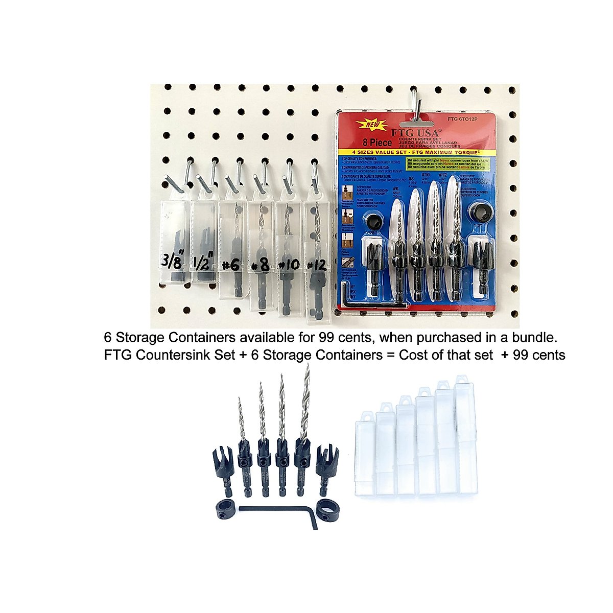 FTG USA Wood Countersink Drill Bit Set Sizes 6 8 10 12 Countersink Tapered Drill Bits, 2 Wood Plug Cutter 3/8" & 1/2" with 3 Replacement Bits #8 (11/64"), 2 Stop Collars, 1 Allen Wrench, Hex Shank