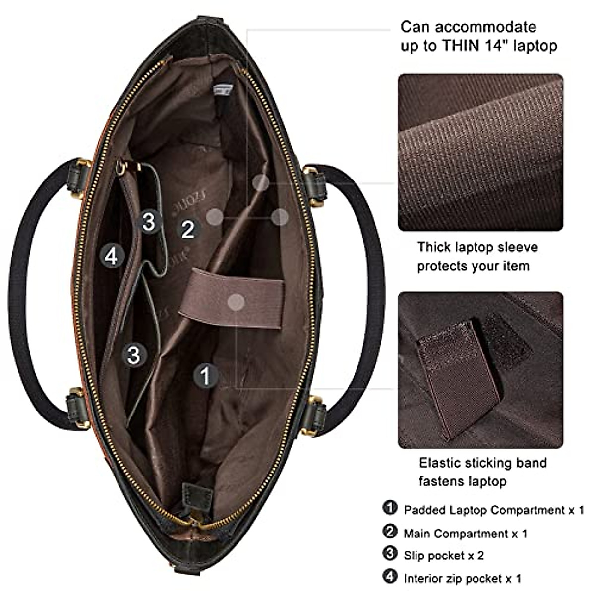 S-ZONE Vintage Genuine Leather Shoulder Bag Work Totes for Women Purse Handbag with Back Zipper Pocket Large