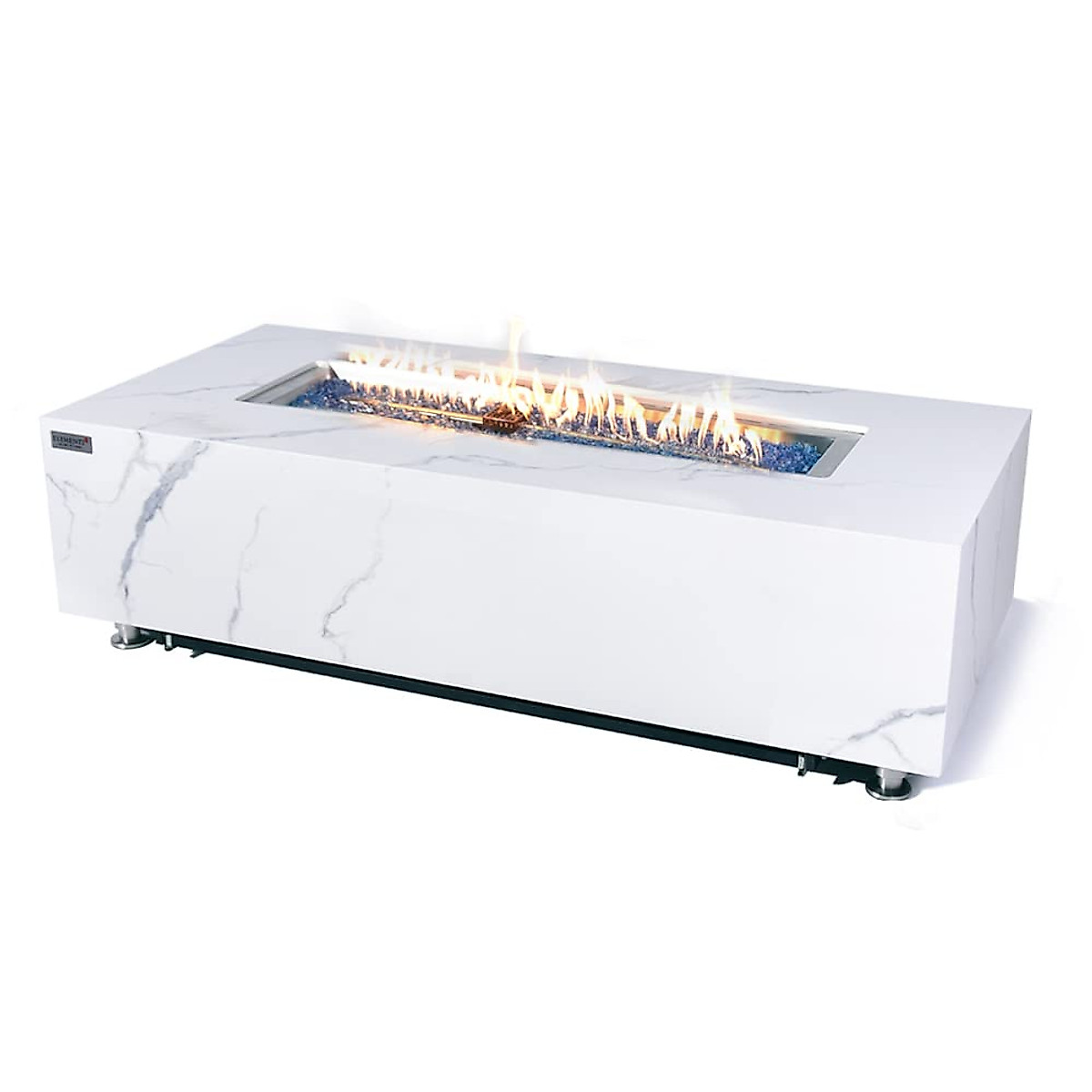 Elementi Plus Carrara Outdoor Table 59.8 Inches Fire Pit Patio Heater Marble Porcelain Firepits Outside Electronic Ignition Backyard Fireplace Cover Fire Glass Included Natural Gas