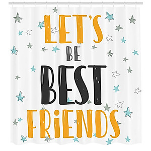 Ambesonne Best Friend Shower Curtain, Long Bold Font with Pastel Cold Toned Stars on The Backdrop Let's Be Friends, Cloth Fabric Bathroom Decor Set with Hooks, 105" Extra Wide, White Orange