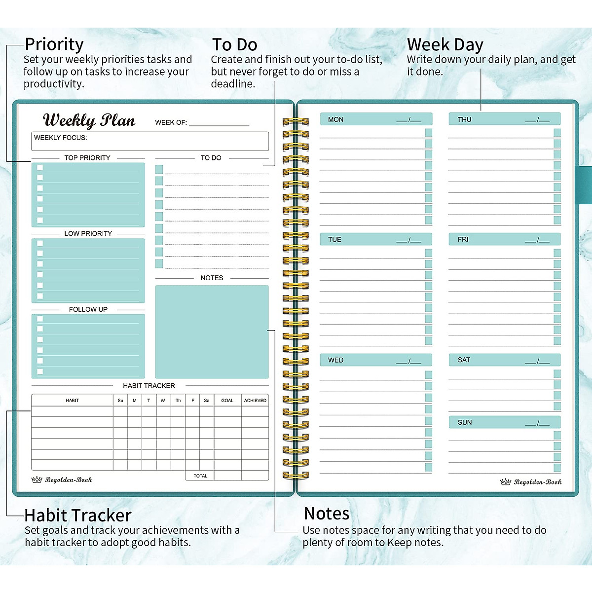 Weekly Planner Undated, Weekly Goals Schedule Planner Regolden-Book To Do List Notebook Calendars Organizers Habit Tracker Journal for Man & Women, Spiral Binding, Pocket, Pen Loop, 53 Weeks (7x10")