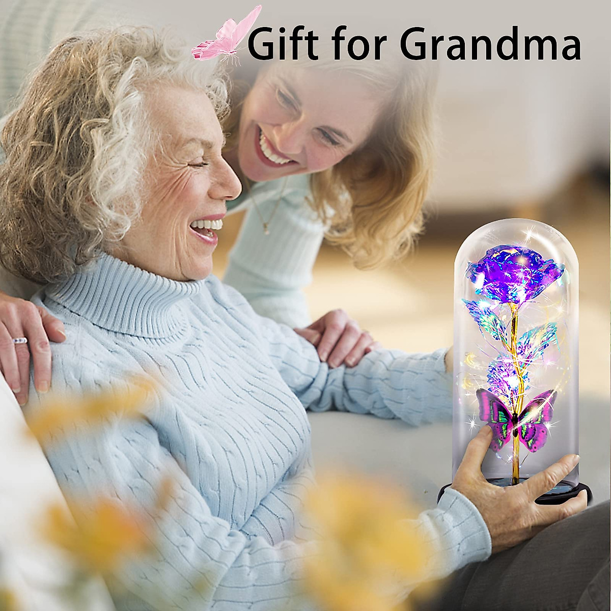 Glass Rose, for Mom, Valentines Day Gifts for Her with Greeting Card, Galaxy Purple Butterfly Eternal Rose in A Glass Dome