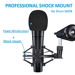 SUNMON SM58 Microphone Shock Mount Holder with Foam Windscreen for Absorbe Vibration and Noise, Pop Filter Suitable for SM58-LC, SM58-CN Dynamic Mic
