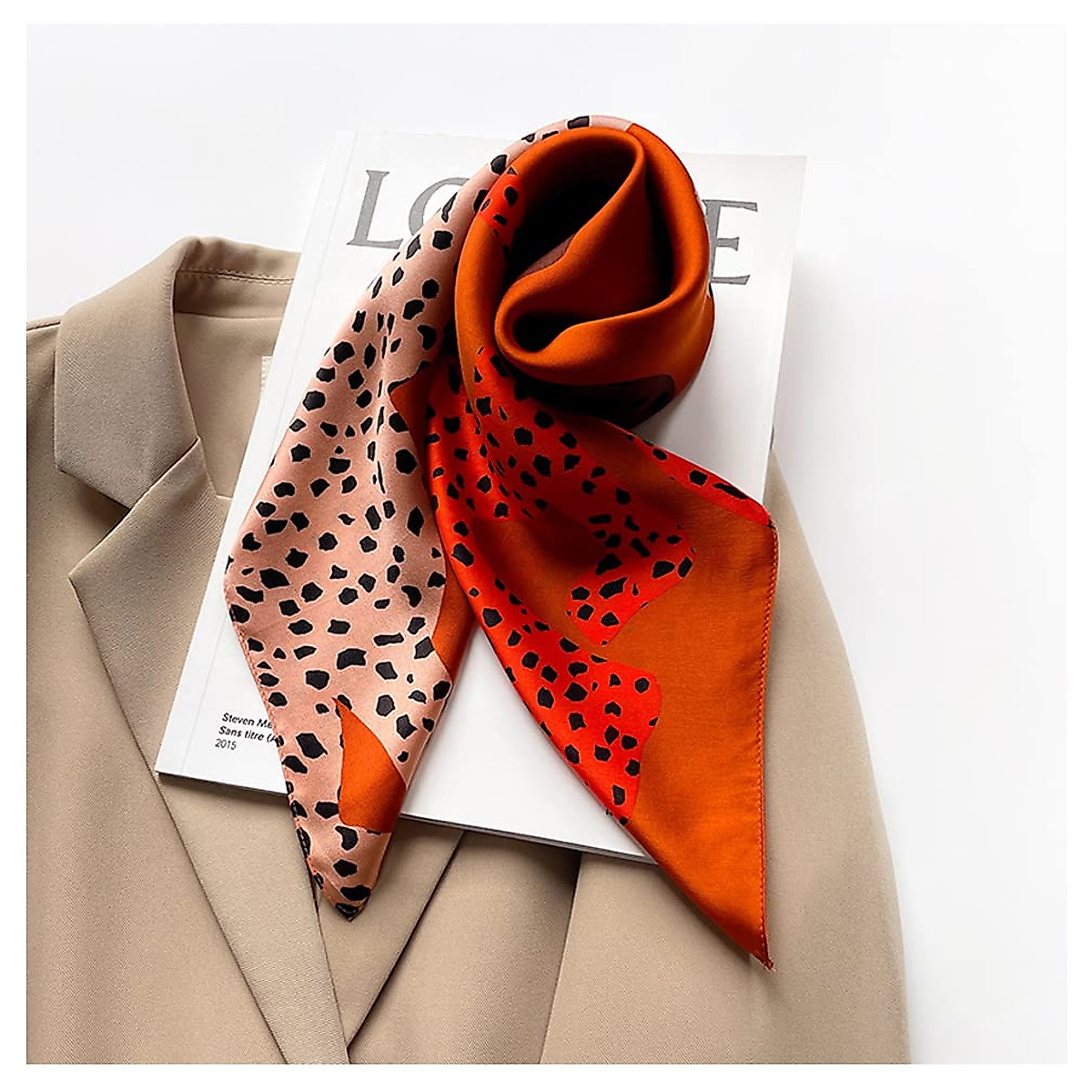 Aufeel 100% Pure Mulberry Silk Square Scarf for Hair-27''x27''- Women Silk Neckerchief Head Wrap Scarf(Caramel Leopard)