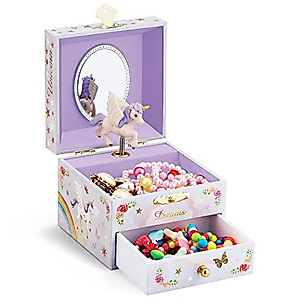 RR ROUND RICH DESIGN Kids Musical Jewelry Box for Girls with Drawer and Jewelry Set with Brave Unicorn - Beautiful Dream Tune Purple