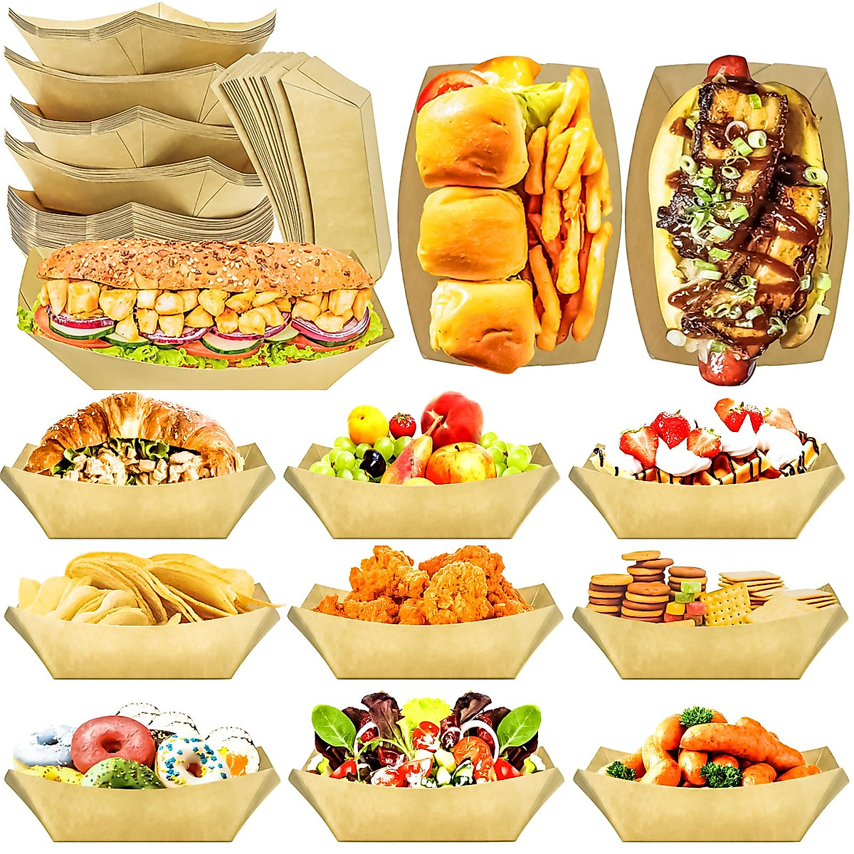 MotBach 150 Pack 3LB Extra Large Paper Food Boat Trays Disposable Paper Boats, Heavy Duty Food Boats, Paper Food Serving Tray Boat Basket for Snacks Popcorn Dessert Sandwich Burger Taco Fries Nacho