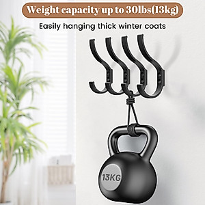 4 Pack Wall Mounted Coat Hooks, Large Wall Hooks For Hanging Heavy Duty, Black Coat Hooks with Screws For Wall, Wall Mounted Hooks for Hanging Coats, Clothes, Towels, Keys, Dog Leashes, and Purse
