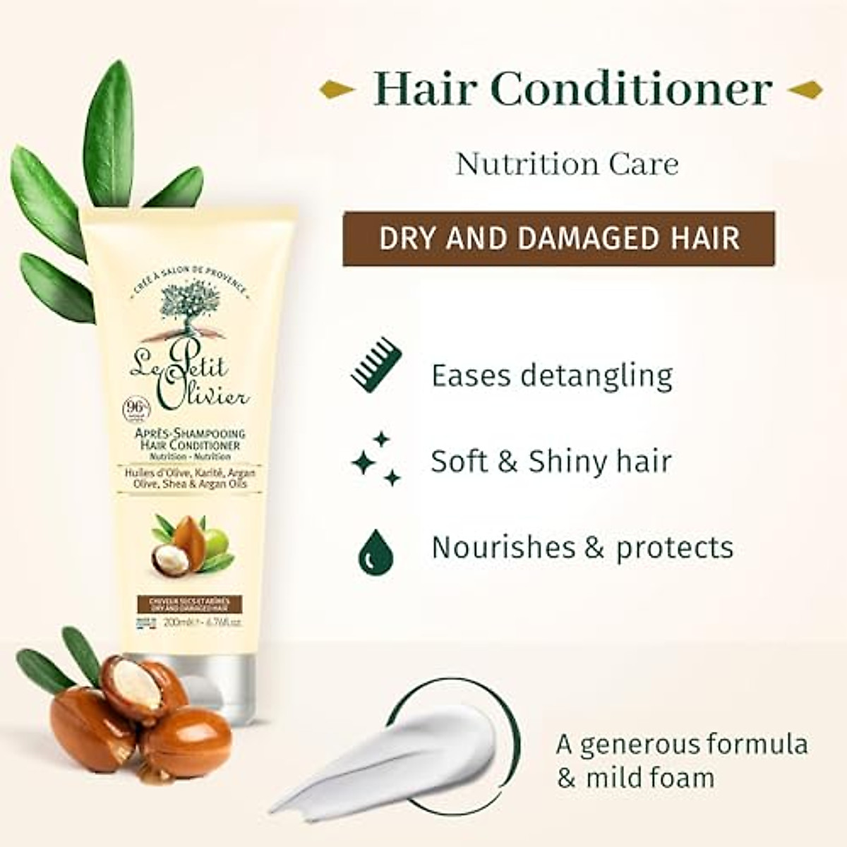 Le Petit Olivier Nutrition Hair Conditioner - Olive, Shea, Argan Oils - Detangles And Repairs - Enhances Softness And Elasticity Of The Hair - Suitable For Dry And Damaged Hair - 6.76 Oz