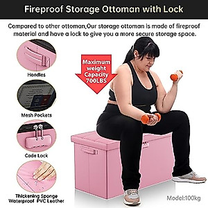 ENGPOW Storage Ottoman Bench,Fireproof Folding Storage Bench with Lock,30 Inches Fire＆Water Resistant Storage Chest Foot Rest Stool Leather Bedroom Bench with Storage Safe for Document,Valuables,Pink