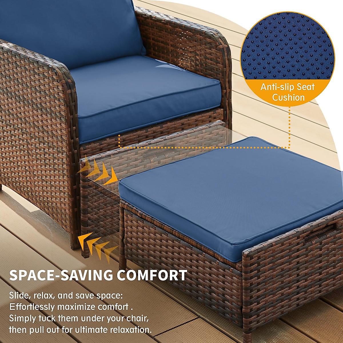 UDPATIO 5 Piece Patio Furniture Set, Outdoor Patio Conversation Rattan Chair with Ottomans w/Storage Coffee Table for Patio, Space Saving Design for Balcony Poolside Front Porch Deck, Navy