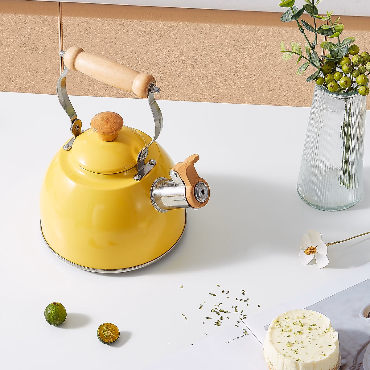 ROCKURWOK Tea Kettle, Tea Pot with Cool Touch Ergonomic Handle, Tea Kettle Food Grade Stainless Steel, Tea Kettle Stovetop, Kettle Teapot, Whistling Tea Kettle, Small Tea Kettle, 1.6 Quart (Yellow)