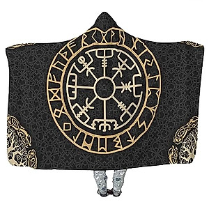 BURNAR Medieval 3D Printing Hooded Blanket Warm Thor's Hammer Vegvisir Compass Unisex Winter Wearable Hooded Blanket Double-Layer Thick Plush Wool Blanket Cloak (Color : A, Size : 50x60in/130x150cm)