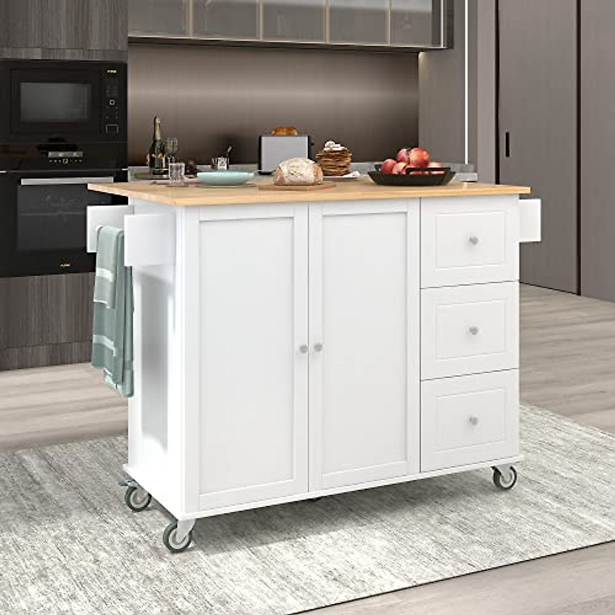 Kitchen Island Carts on Wheels, Rolling Storage Cabinet Trolley 52.7" Foldable Drop-Leaf Breakfast Bar Spice Rack, Towel Rack & Drawer, Solid Wood Top Buffet Server Sideboard(White-B)