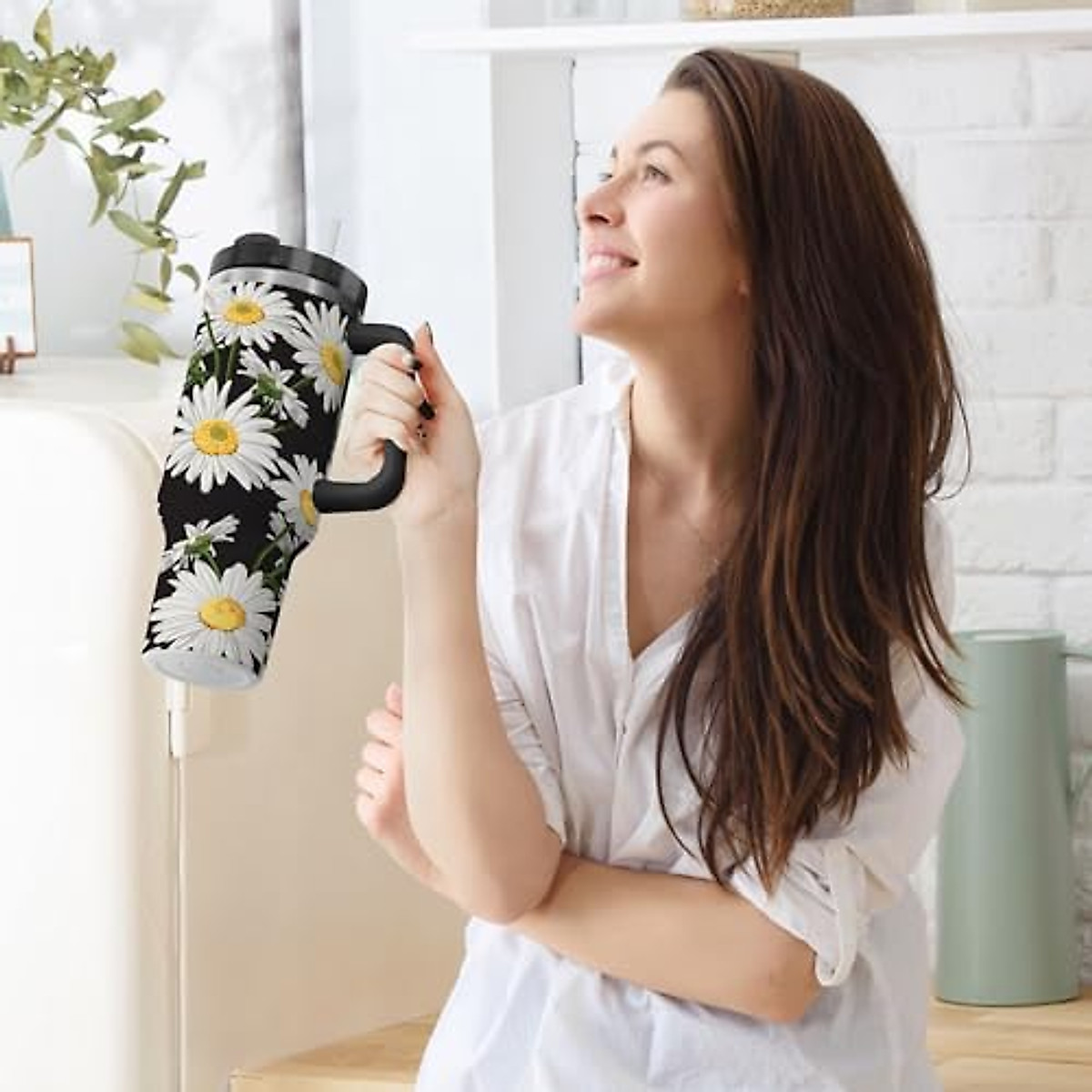 pnyoin White Daisy Insulated Tumblers With Handle And Straw 30 oz Stainless Steel Tumbler Cups With Lid Leakproof BPA-Free Water Bottle,Cup Holder Compatible for Travel