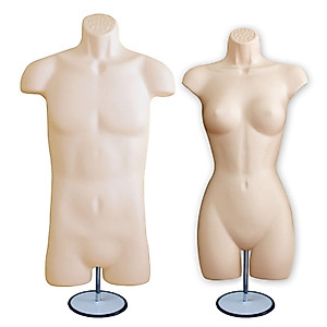 DisplayTown Flesh Male + Flesh Female Dress Form Mannequin Hip Long Hollow Back Body Torso Set w/Metal Stand with Metal Pole & Hanging Hook, S-M Sizes