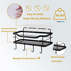Shower Shelf Inside Shower Shower, Stylish Adhesive Shower Organizer Caddy Hanging +6 Movable Hooks, Stainless Steel No Drilling -Black, 2 Pack