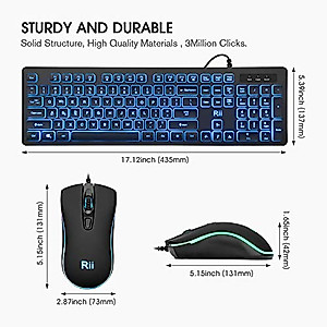 Rii Three Colors Backlit Business Keyboard,Gaming Keyboard and Mouse Combo,USB Wired Keyboard,RGB Optical Mouse for Gaming,Business Office