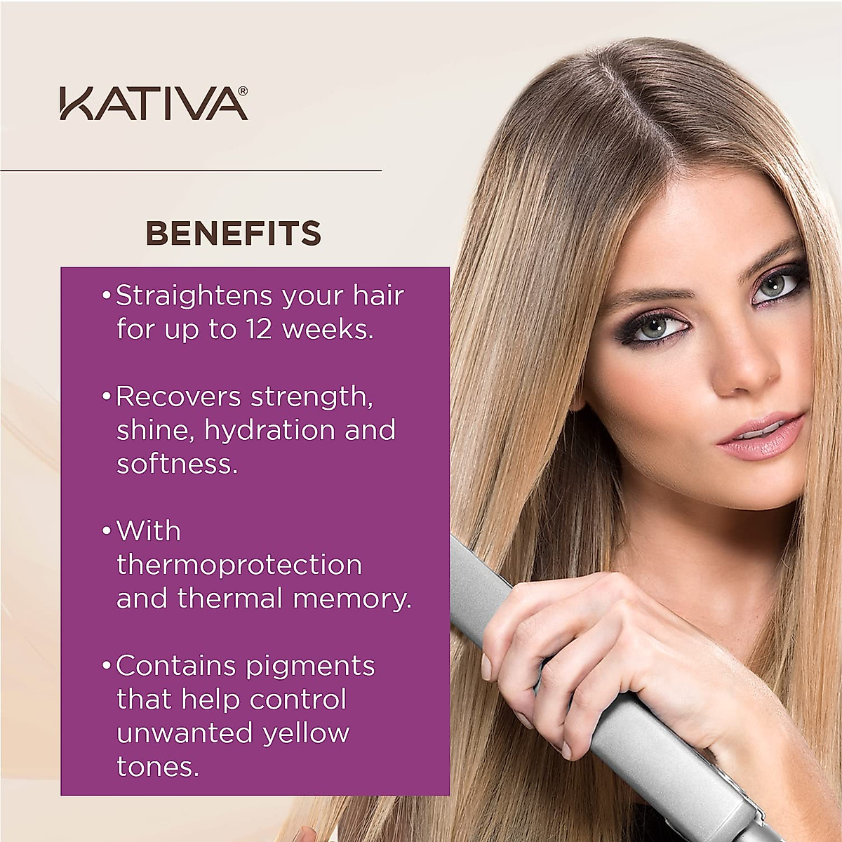 Kativa Brazilian Straightening Blonde Kit, 12 Weeks of Home Use Professional Straightening, with Olive Oil, Citrus Fruits and Keratin, for Straighter, Softer and Shinier Light-Coloured Hair