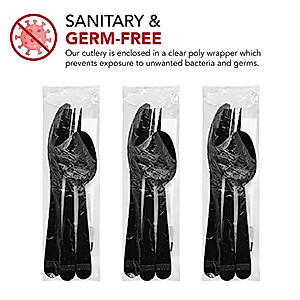 Party Essentials Individually Wrapped Black Plastic Cutlery Packets/Heavy Duty Silverware Kits, Fork/Spoon/Knife/Napkin/Salt/Pepper, 100 Sets