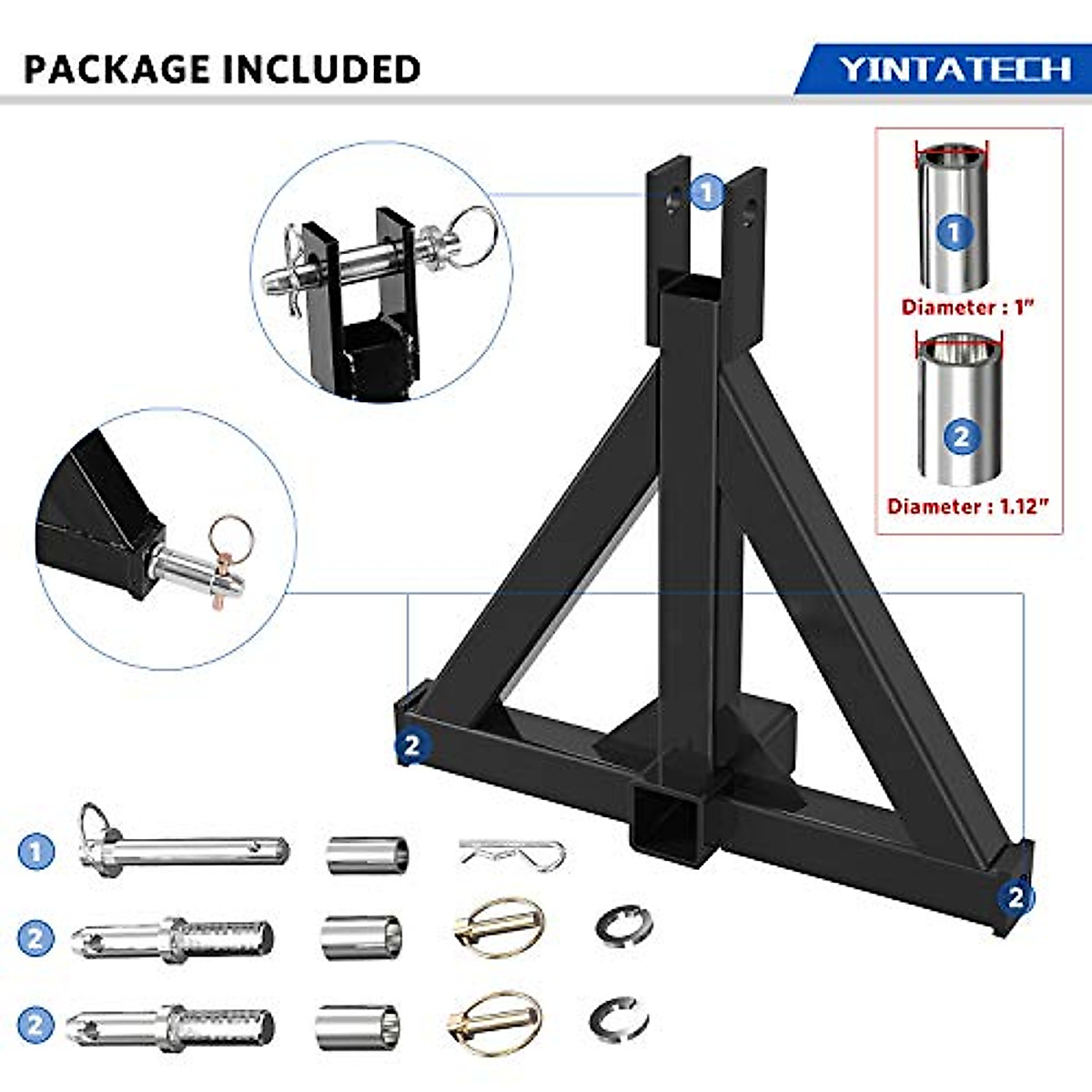 YINTATECH 3 Point 2" Receiver Trailer Hitch Heavy Duty Drawbar Adapter Category 1 Tractor Tow Compatible for Kubota, BX, LM25H, WLM Tractor, NorTrac, Yanmar, Kioti, Cat, John Deere