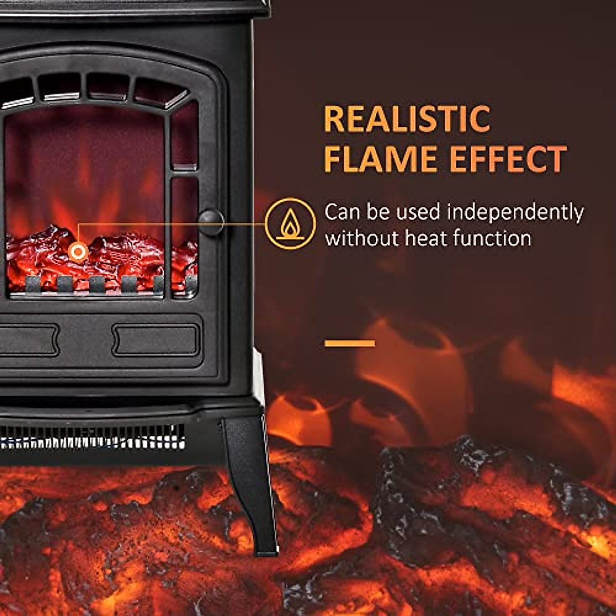 HOMCOM 22" Free Standing Electric Fireplace Stove, Fireplace Heater with Realistic Flame Effect, Overheat Safety Protection, 750W / 1500W, Black