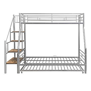 RORIGAT Twin Over Full Bunk Bed with Trundle,Metal Bunk Beds with Storage Staircase and Guard Rail,Bunk Bed Twin Over Full Size for Kids Boys Girls Teens Bedroom,Silver