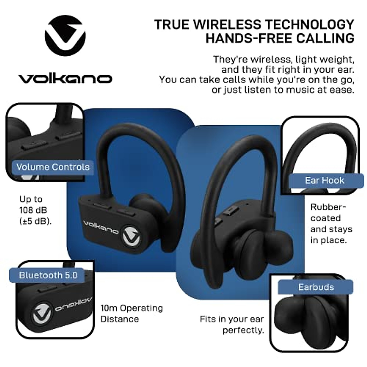 Volkano True Tunes Series Sports Wireless Earphones- Wireless Earphones with Microphone & Ear Hooks, True Bluetooth Sports Earbuds for Running, Sports, & Workout, Bluetooth Earphones (Black)