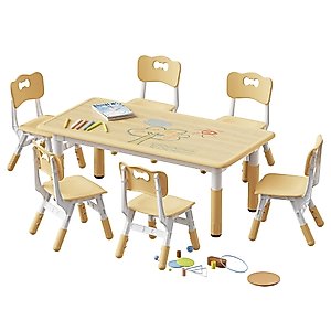 Brelley Kids Table and 6 Chairs Set, Height Adjustable Toddler Table and Chair Set, Graffiti Desktop, Classroom/Daycare/Home, Children Multi-Activity Table for Ages 2-8