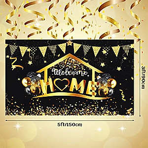 2 Pieces Welcome Banner Reunion Decorations Kit with Homecoming Backdrop and Banner Fabric Welcome Back Yard Sign Black Gold Homecoming Banner Photography Backdrop for Family Party Home Decoration