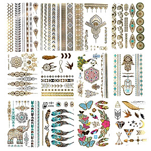 12 Sheets Flash Gold Metallic Temporary Tattoos for Women Girls Waterproof Gold Silver Tattoo Stickers for Beach Festivals Parties Long Lasting Nontoxic Glitter Fake Tattoos Exquisite Designs
