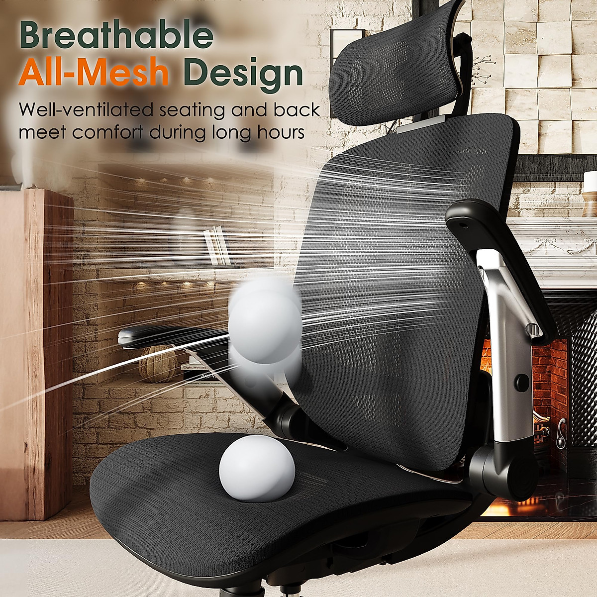 GABRYLLY Ergonomic Mesh Office Chair, High Back Desk Chair - Adjustable Headrest with Flip-Up Arms, Tilt Function, Lumbar Support and PU Wheels, Swivel Computer Task Chair