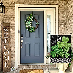 Selmad Lucky St. Patrick's Day Shamrock Clover Decorative Burlap Garden Flag, Irish Luck Home Yard Small Outdoor Decor, Spring Outside Decoration Double Sided 12 x 18