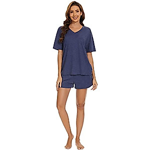 LOCUBE Women's Pajama Sets Soft Comfy Short Sleeve V-Neck Lounge Outfits Pj Set Shorts with Pockets (Navy, Large)