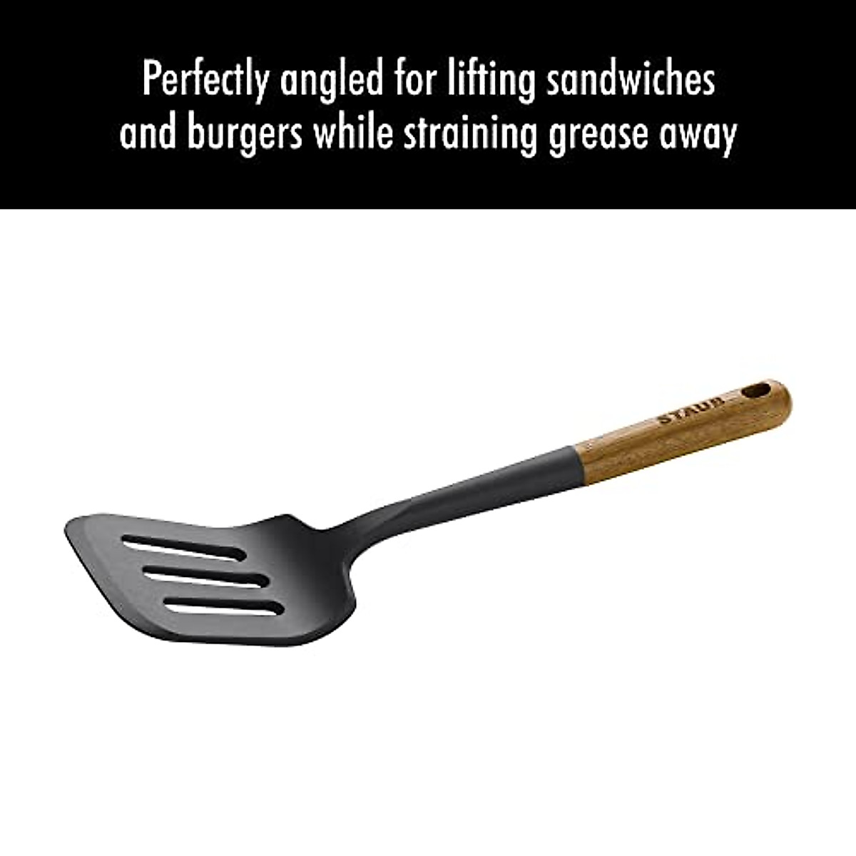 STAUB Silicone Spatula Turner, Perfectly Angled for Lifting Pancakes, Sandwiches and Picking up Veggies Durable BPA-Free Matte Black Silicone, Acacia Wood Handles, Safe for Nonstick Cooking Surfaces
