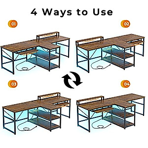 SEDETA 94.5" Home Office Desks, Computer Gaming Desk with Storage, LED Lights, Power Strip with USB, Keyboard Tray & Monitor Stand, Extra Long Double Desk for 2 Person, Rustic Brown