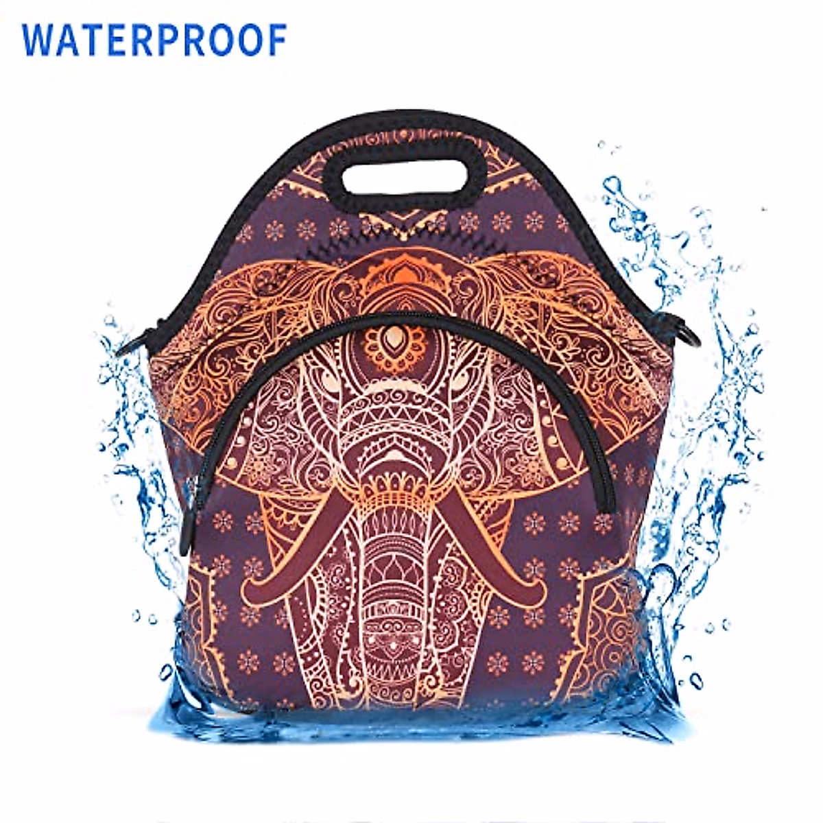 Violet Mist Neoprene Thermal Insulated Lunch Tote Bag Soft Large with Extra Pocket Detachable Adjustable Shoulder Lunchbox Handbags Women men, Retro Elephant 2