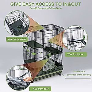 4-Tier Animal Metal Cage Small Cat Cage Height Adjustable Rabbits Cage with Lockable Casters, Pull-Out Tray Fits Rabbits, Chinchillas, Ferrets, Guinea Pigs, Squirrels, Hedgehogs (Green)