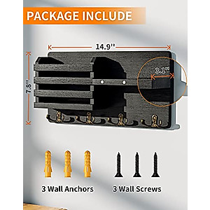 SWTYMIKI Mail Holder for Wall with Magnet Hanging, Rustic Wooden Key Holder with Key Hooks Wall Mounted Key Hanger Organizer for Entryway, Mudroom, Hallway, Living Room and Office, Black