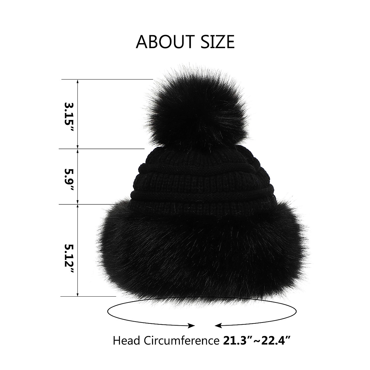 Soul Young Women's Faux Fur Hat Black Russian Cossack Knit Pompom Ski Snow Cap for Winter White(One Size,Black)