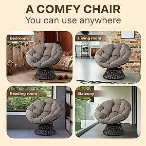 Bme 40" Ergonomic Wicker Papasan Chair with Soft Thick Density Fabric Cushion, High Capacity Steel Frame, 360 Degree Swivel for Living, Bedroom, Reading Room, Lounge, Silver Cloud - Black Base