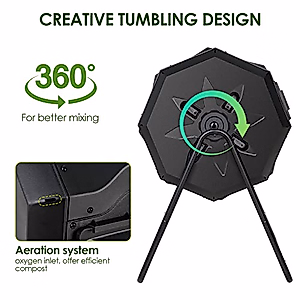 Arlopu Compost Bin, Dual Chamber Tumbling Composter, 43 Gallon Outdoor Garden Rotating Batch Composting Tumbler BPA Free, Large All Season Yard Waste Bins w/Sliding Doors & Aeration System, Black