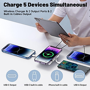 Yiisonger Magnetic Wireless Power Bank - 10000mAh Portable Charger 22.5W PD Fast Charging with Built-in Cables LED Display, Slim Magnetic Battery Pack for iPhone 15/14/13/12/Pro/Mini/Pro Max (White)