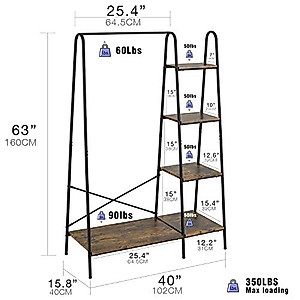 Finnhomy Rustic Clothes Rack, Clothing Rack for Hanging Clothes Heavy Duty Garment Rack with 5 Wood Shelves Freestanding Portable Closet Organizer for Bedroom/Entryway/Boutiques，Matte Black