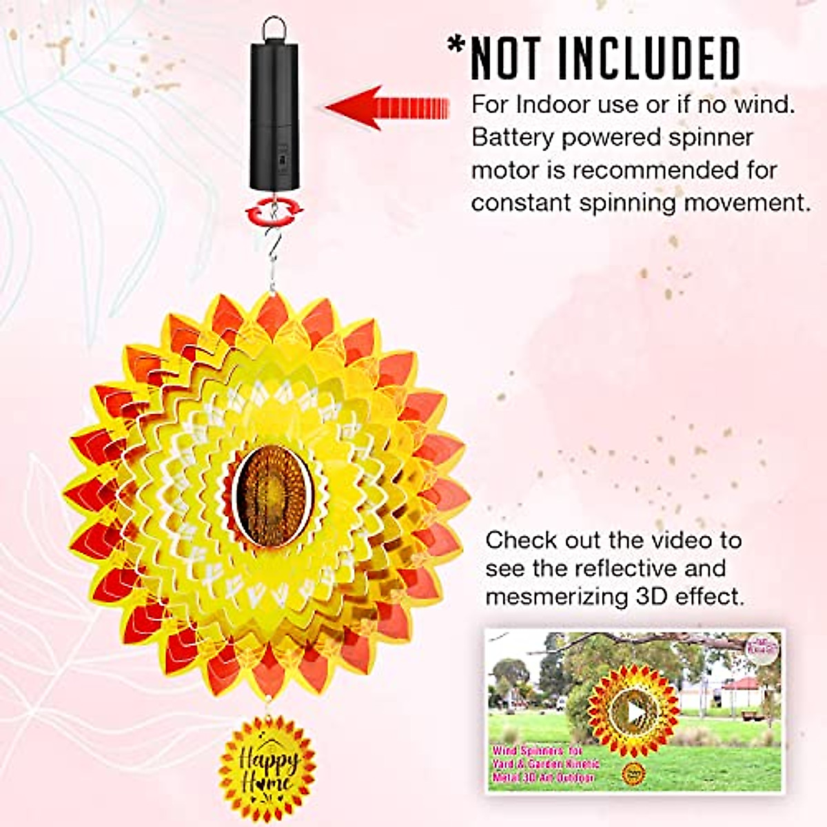 Wind Spinners for Yard and Garden - 12 inches Large - 3D Reflective Stainless Steel Hanging Wind Spinners - Home or Outdoor Decor - Kinetic Metal Art Design - Ideal for Gifts (12 Inches, Sunflower)