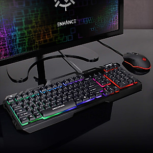ENHANCE Infiltrate KL2 Membrane Gaming Keyboard - Quiet Keyboard with 3 Multi Color LED Lighting Modes, Turbo Input Mode, Anti-Ghosting, 19 Key Roll Over, Slim Low Profile Metal Design