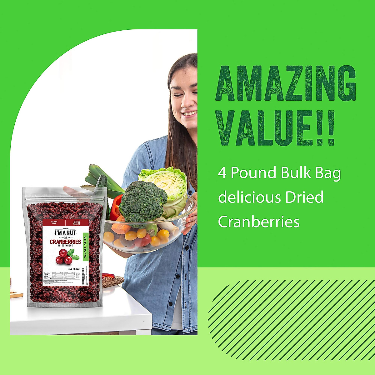 Dried Cranberries Original 4 lbs,(64oz) Batch Tested Gluten & Peanut Free | Resealable Bag | High in Antioxidant | Great for Salads Cooking, and Mixes/Sweetened